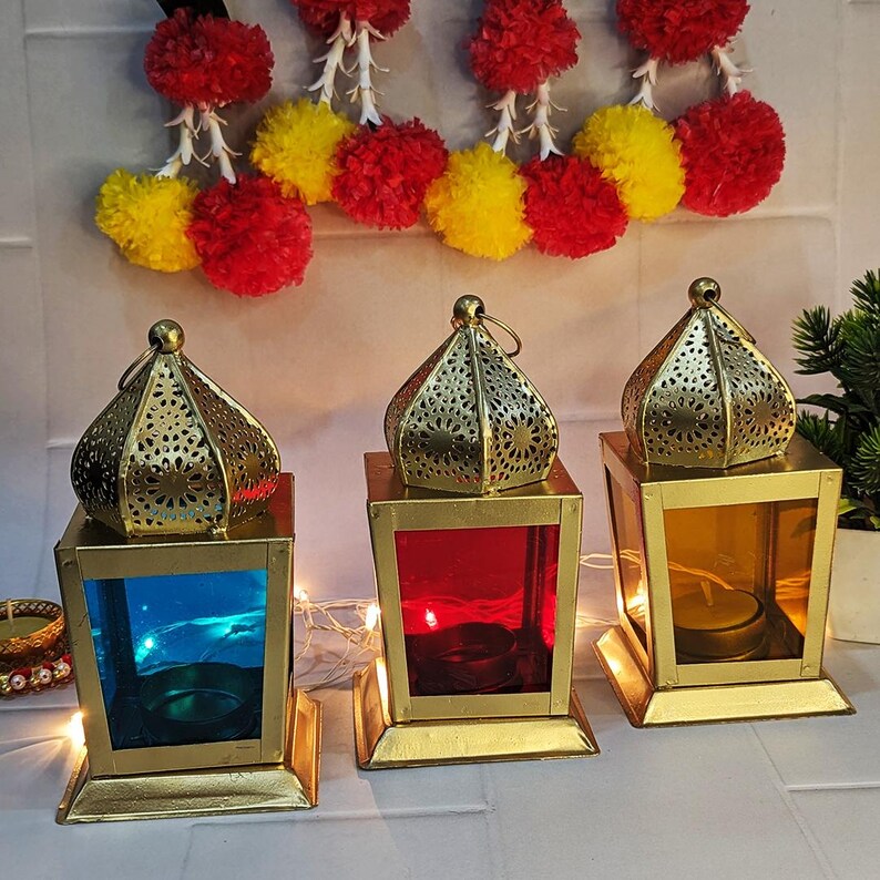 Set of 2 Stained Square Golden Lanterns Single, Moroccan Lantern ...