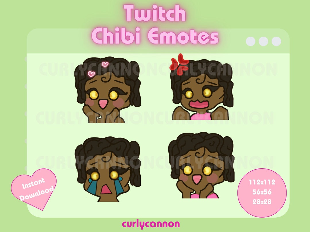 Twich Emote Set / Chibi Dark Skin/ Curly Brown Hair/ Love, Happy, Cry ...