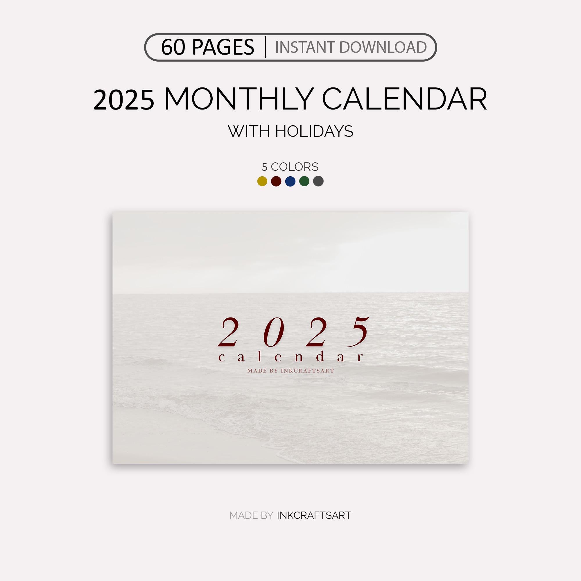 2025 Monthly Calendar With Holidays, Monthly Organizer, Month at a ...