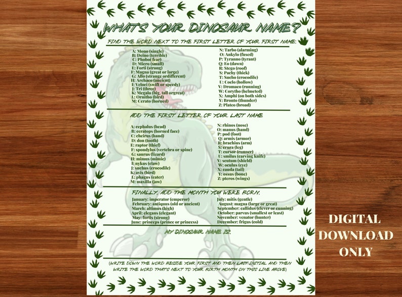 Whats Your Dinosaur Name Game Printable Perfect Dinosaur - Etsy