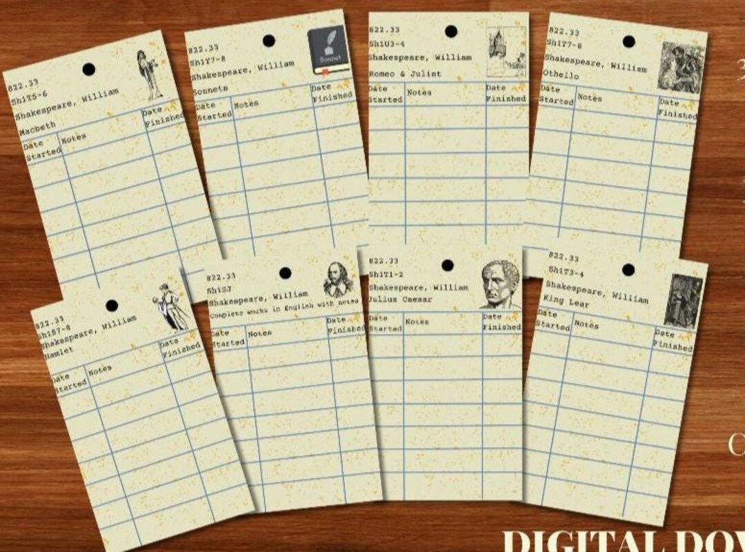Vintage-style Library Card Bookmarks Shakespeare Themed Digital ...