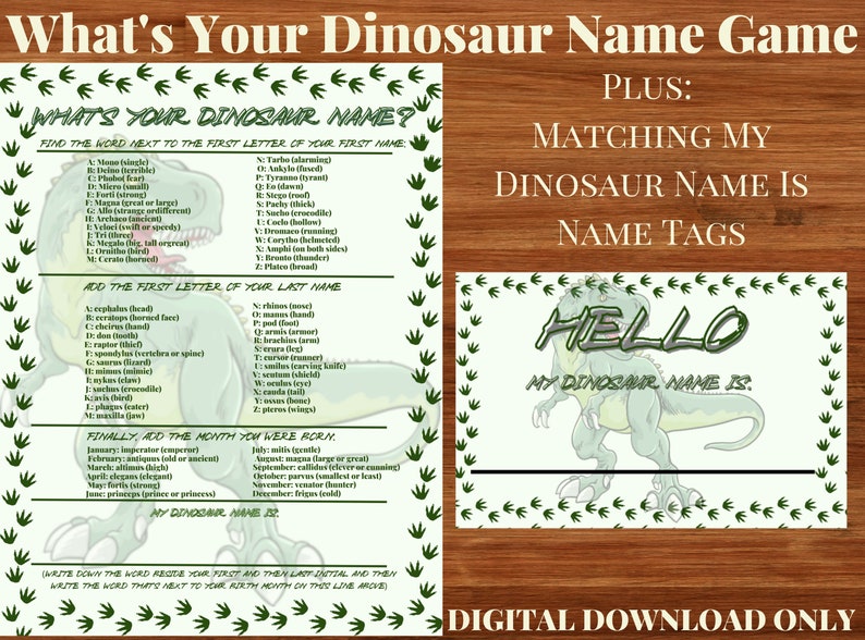 Whats Your Dinosaur Name Game Printable Perfect Dinosaur - Etsy