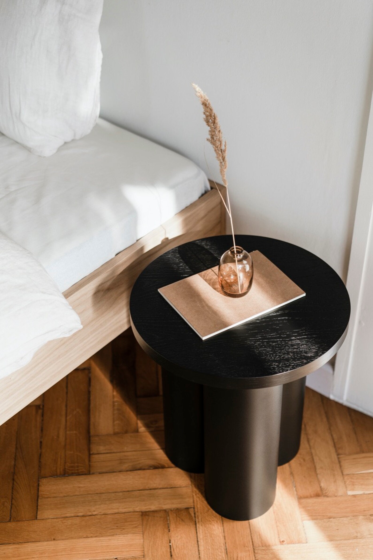 Oly Stool Green Oak Side Table, Wooden Top Nightstand, Steel Metal Base ...