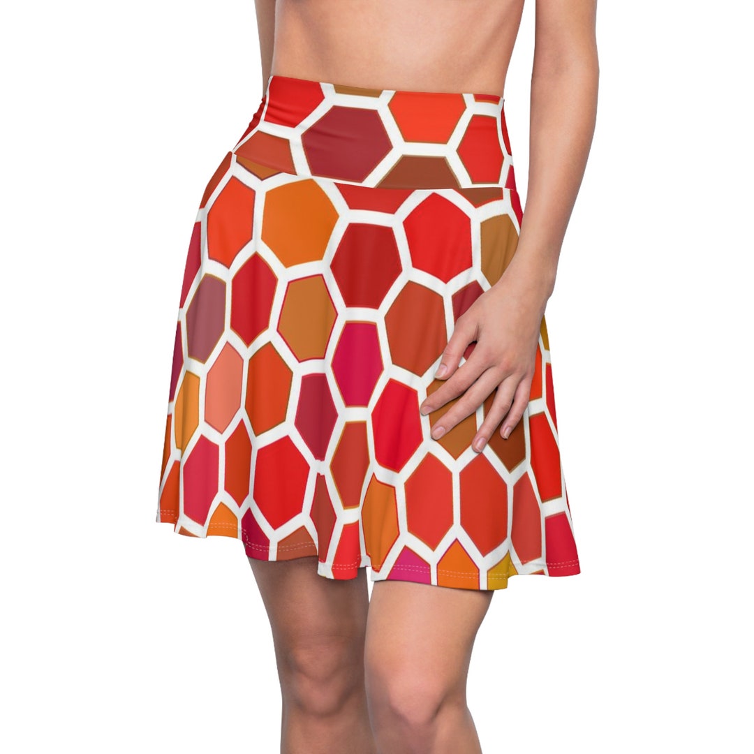 Unique Colorful Hexagonal Patterned Skater Skirt, Modern Women's Circle ...