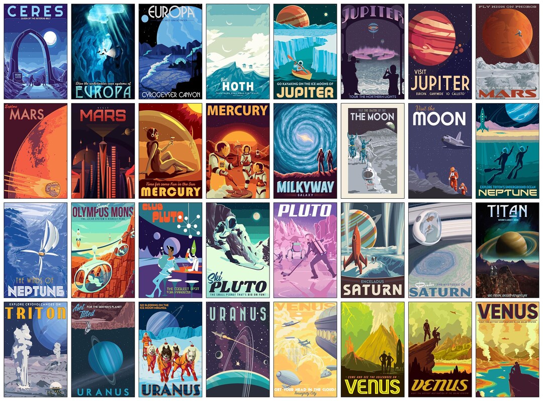Set of 32 Retro Space Travel Exploration Posters Kids Gallery Wall ...