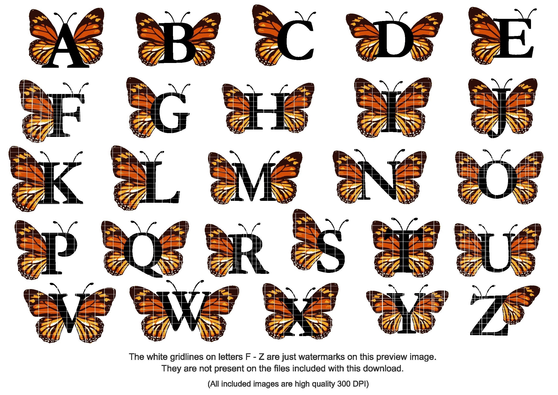 Butterfly Monogram Alphabet SVG, PNG, Color Butterfly Clip Art Letters ...