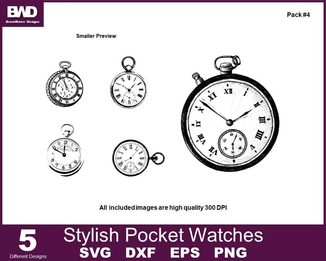 Pocket Watch Designs: 5 SVG DXF PNG Clip Art Bundle (pack #4), Cricut ...