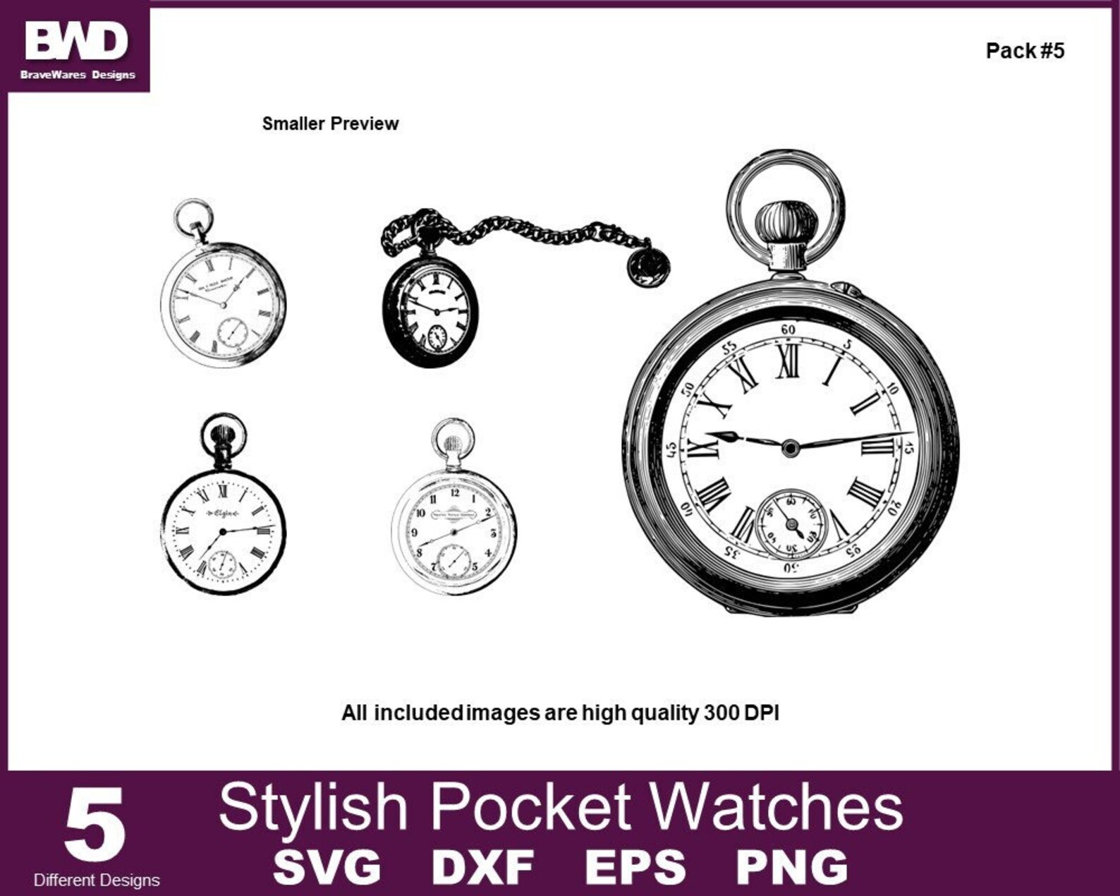 5 Original Pocket Watch Designs SVG, DXF, PNG, Cut File for Cricut ...