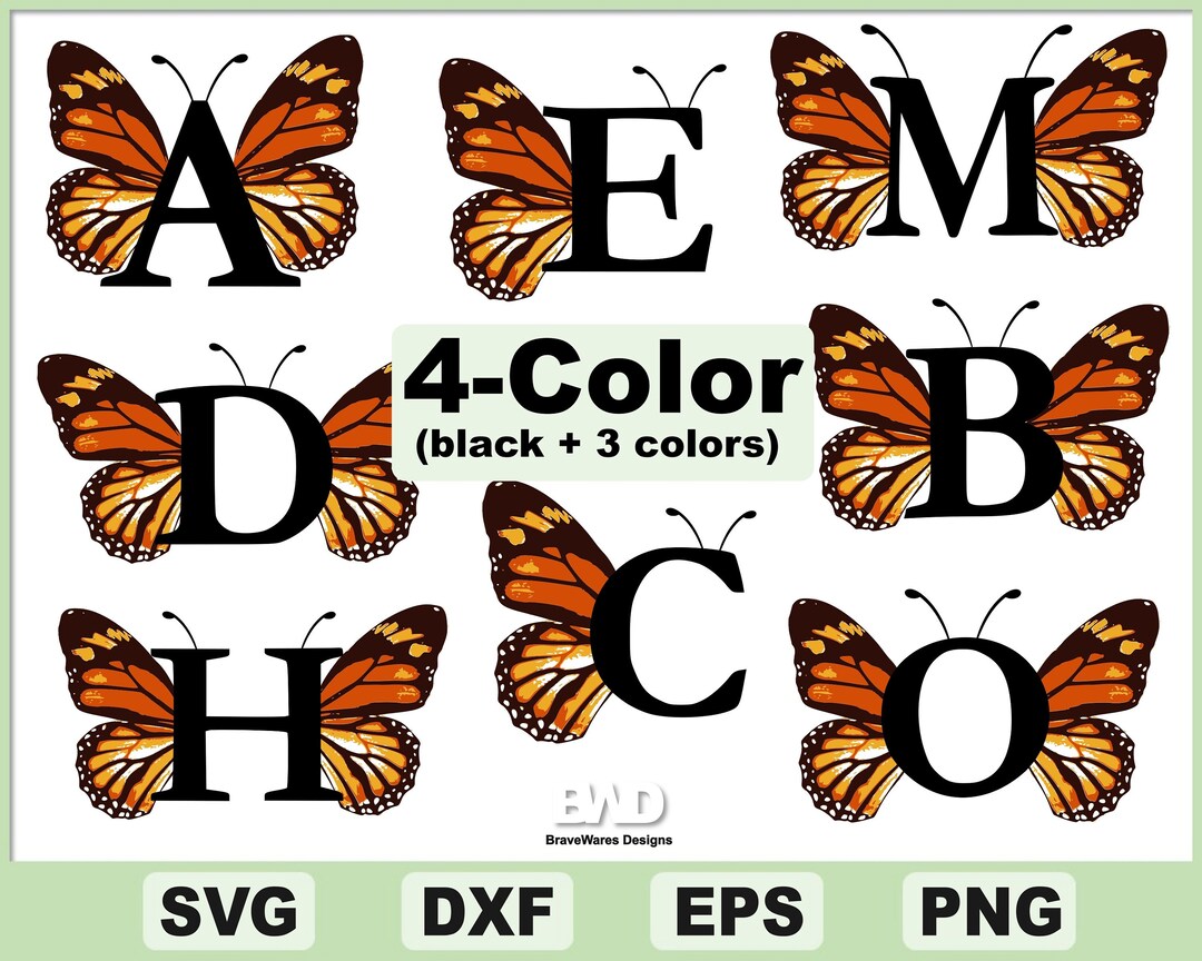 Butterfly Monogram Alphabet SVG, PNG, Color Butterfly Clip Art Letters ...