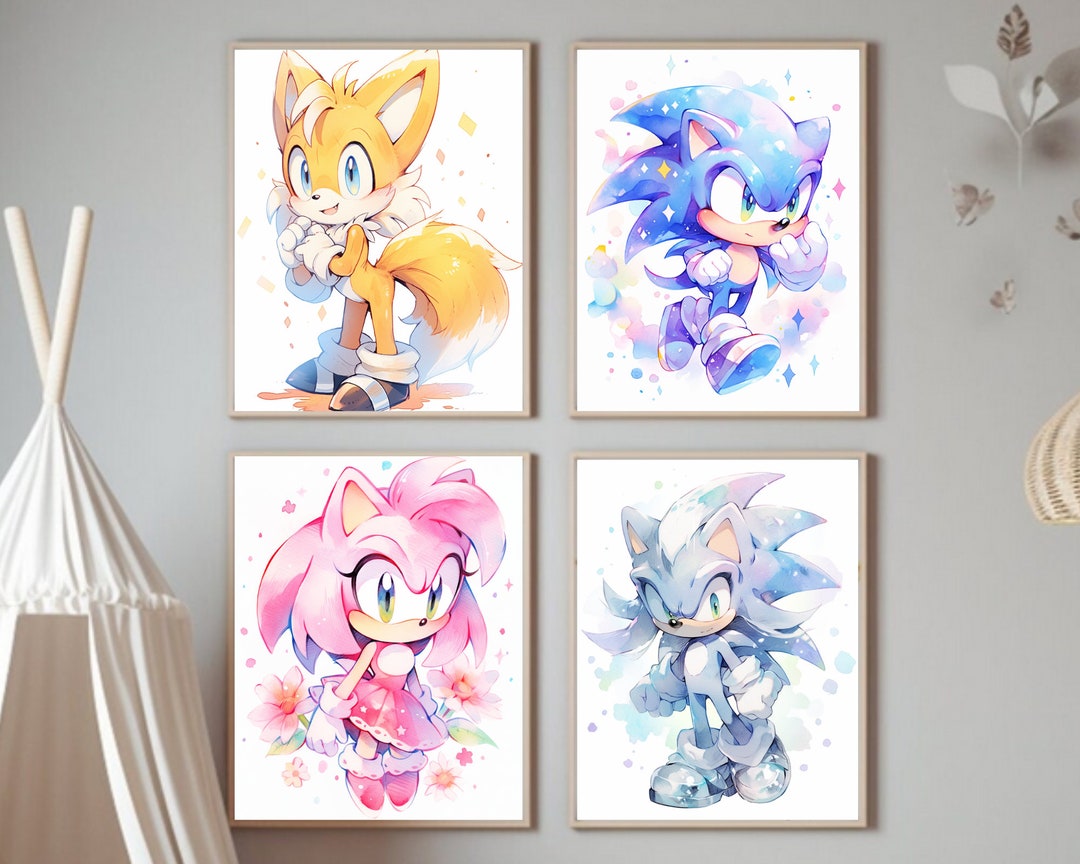 Cute Sonic Poster, Sonic Wall Art Water Color, Characters Sonic, Cute ...