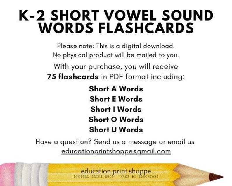 Short Vowel Sounds Flashcards: K-2 Literacy (PDF Download) - Etsy