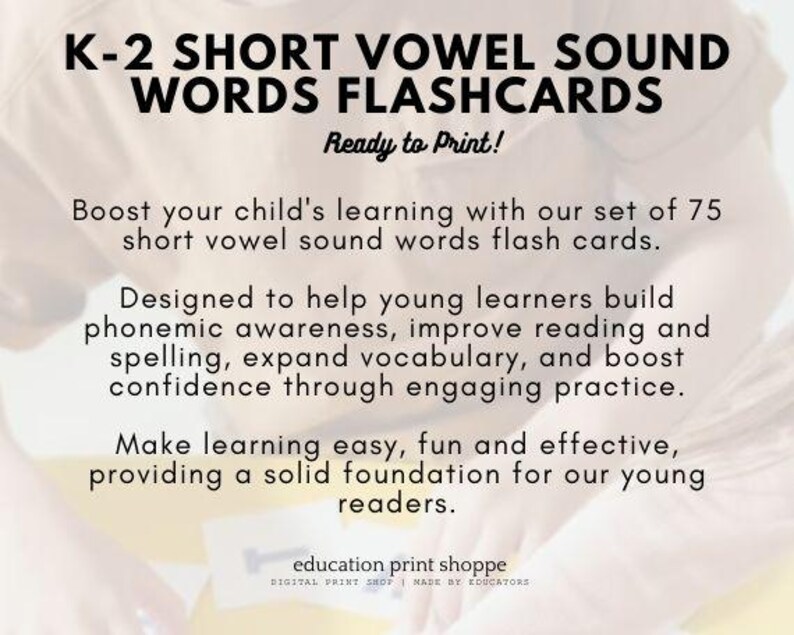Short Vowel Sounds Flashcards: K-2 Literacy (PDF Download) - Etsy