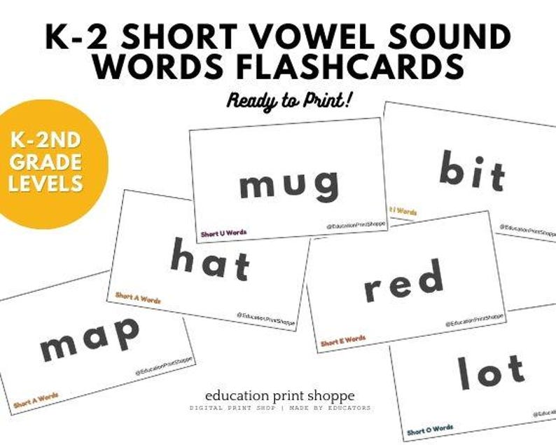 Short Vowel Sounds Flashcards: K-2 Literacy (PDF Download) - Etsy