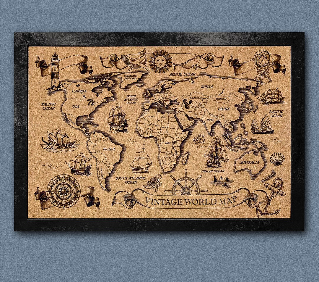 Laser Engraved Framed Vintage World Map Cork With Pins 27" X 18.5" - Etsy