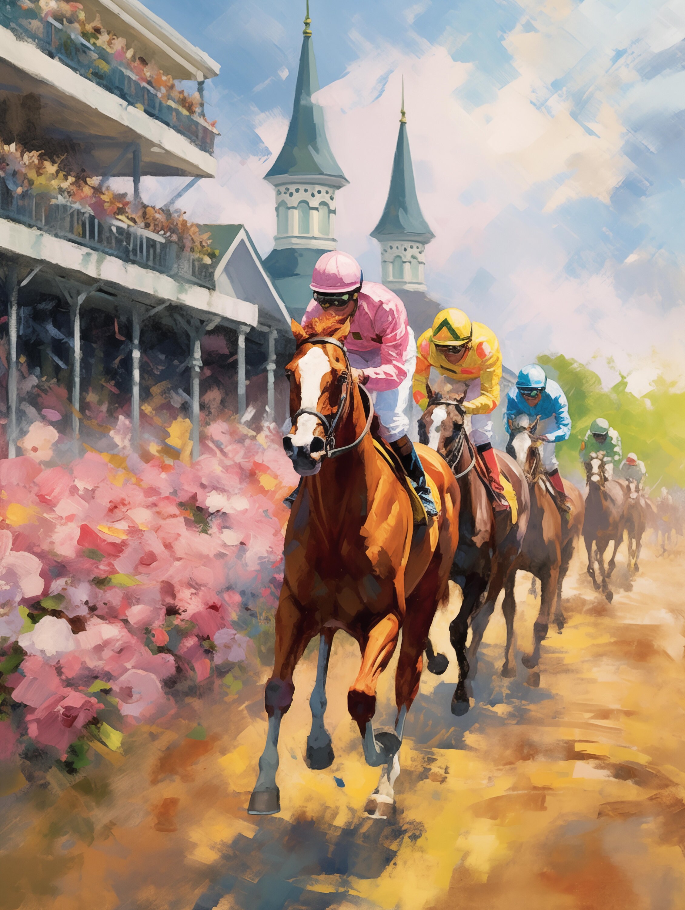 Horses Running in Front of the Steeples at Churchill Downs Digital ...