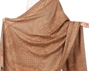 Large Black and Orange Kashmiri Jacquard Jamawar Design Pashmina Wool ...