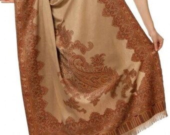 Large Black and Orange Kashmiri Jacquard Jamawar Design Pashmina Wool ...