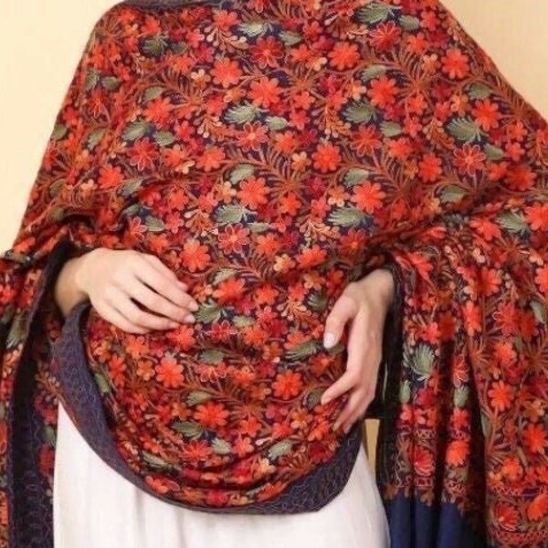 Large Black and Orange Kashmiri Jacquard Jamawar Design Pashmina Wool ...