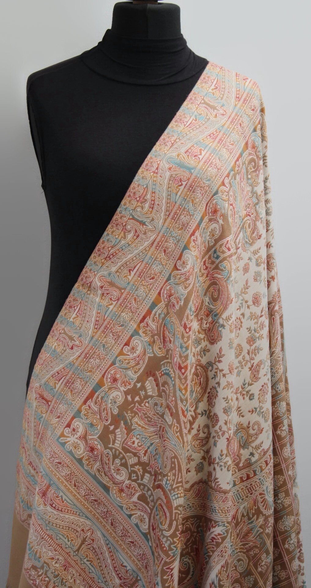 Large Beige Multicolured Kashmiri Jacquard Jamawar Design Pashmina Wool ...