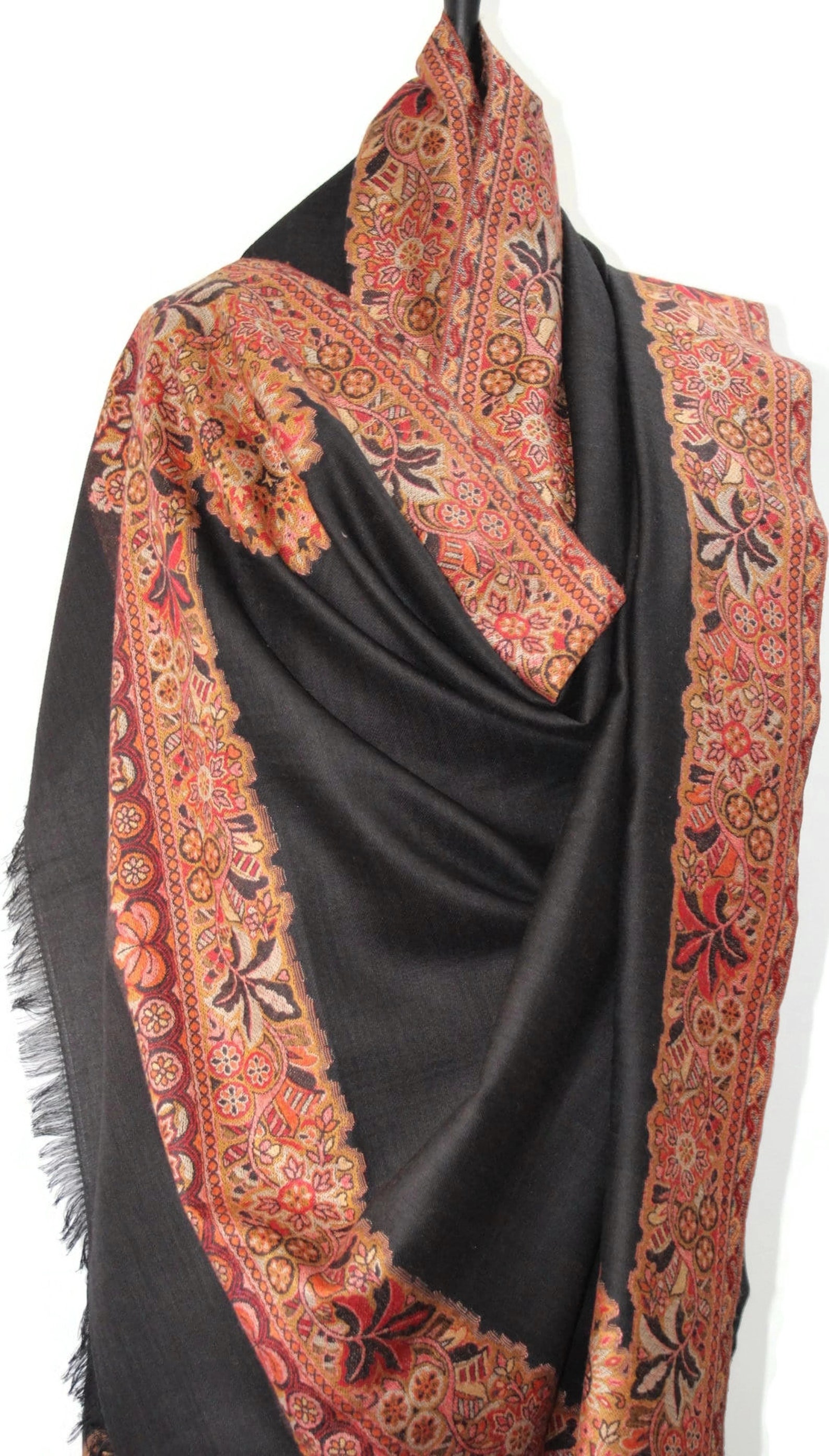 Large Black and Orange Kashmiri Jacquard Jamawar Design Pashmina Wool ...