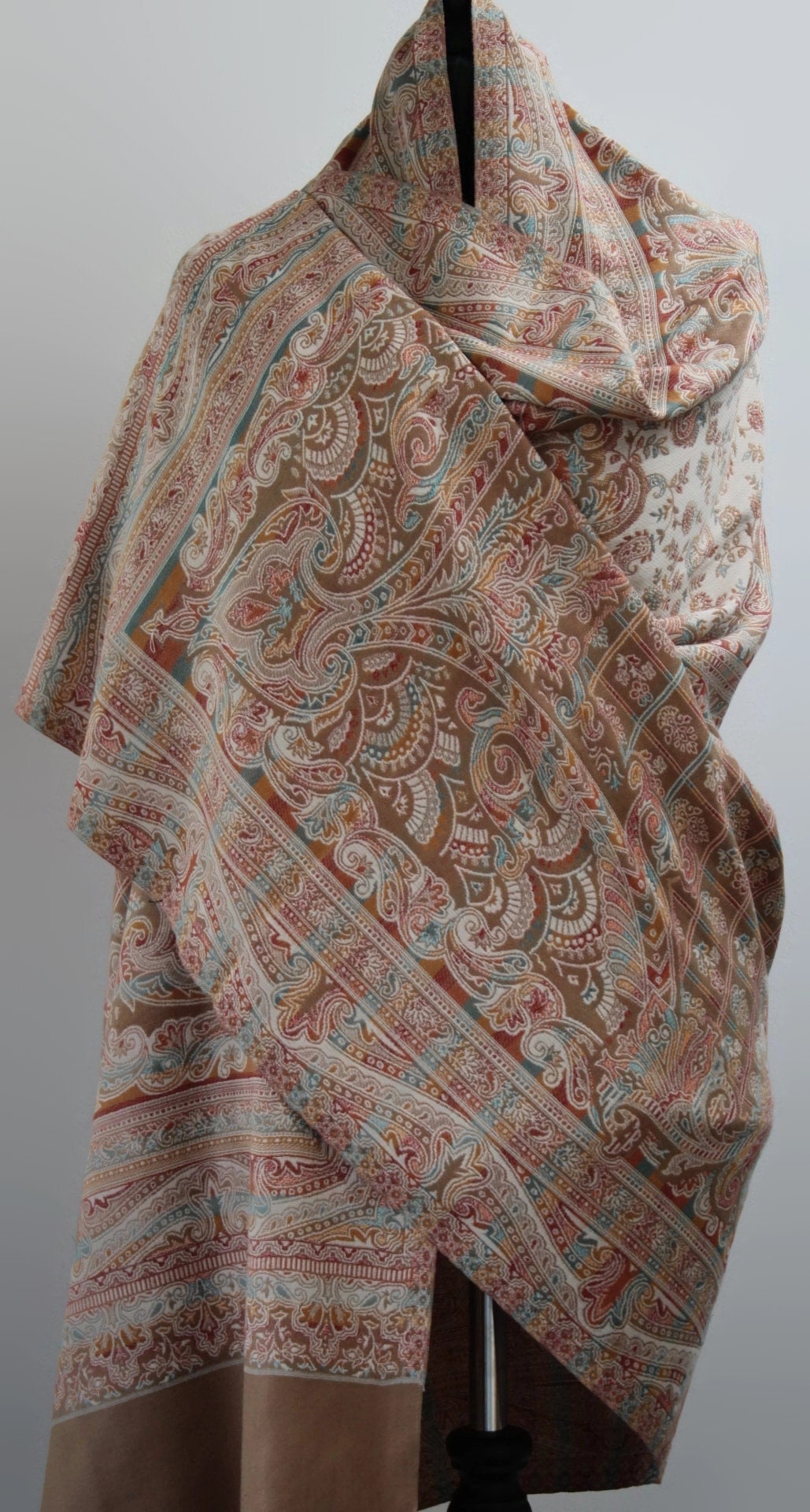 Large Beige Multicolured Kashmiri Jacquard Jamawar Design Pashmina Wool ...