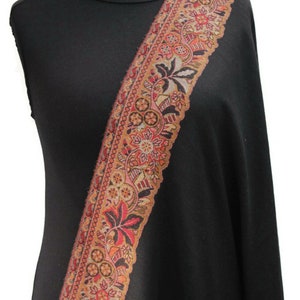 Large Black and Orange Kashmiri Jacquard Jamawar Design Pashmina Wool ...