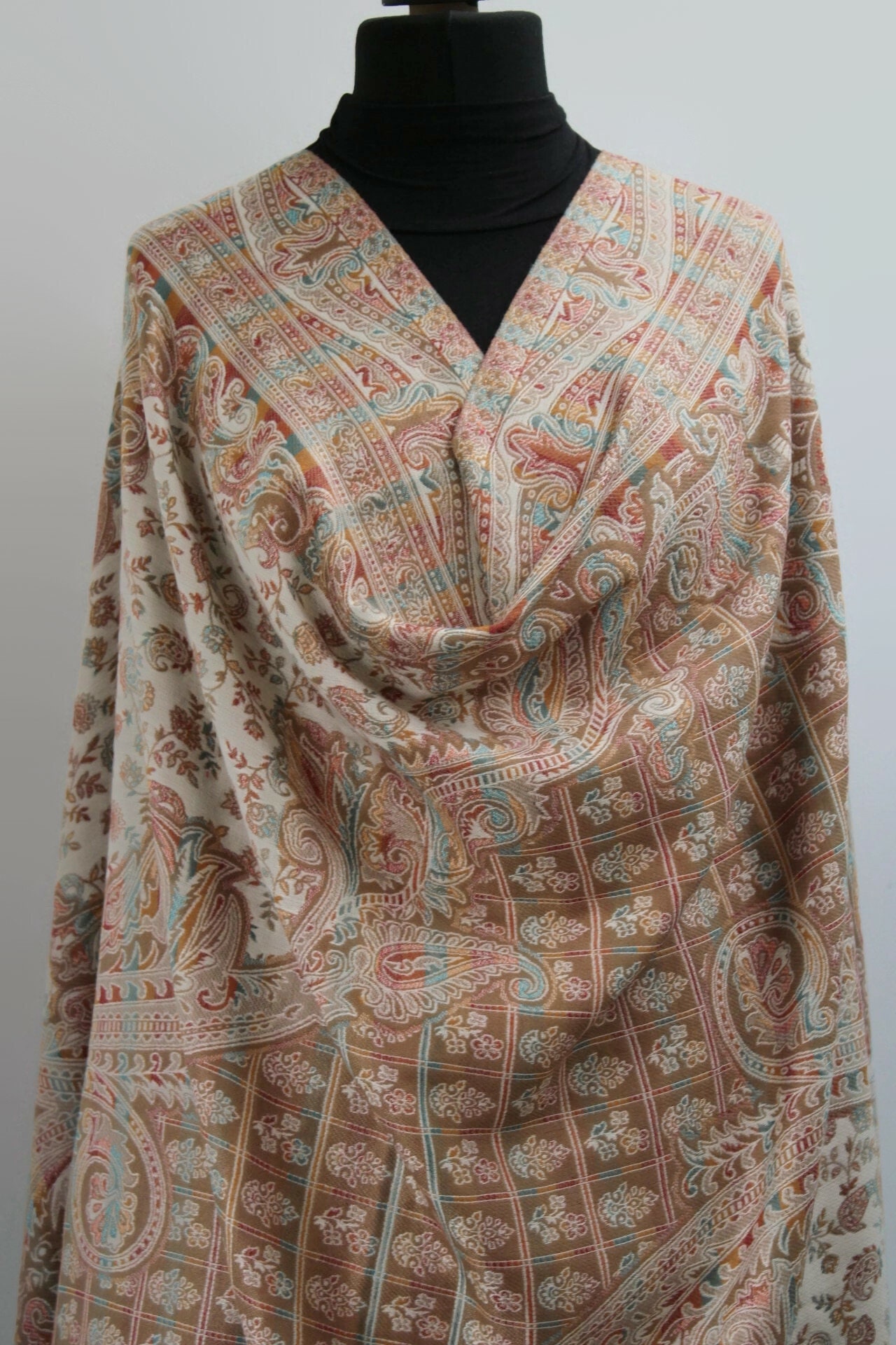 Large Beige Multicolured Kashmiri Jacquard Jamawar Design Pashmina Wool ...