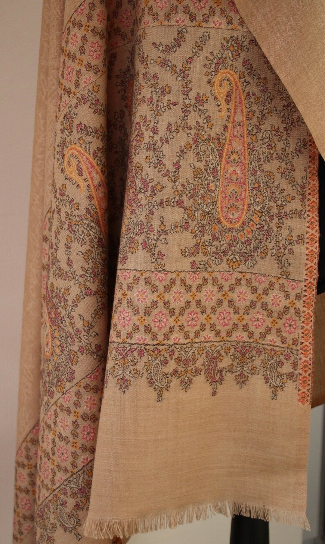 Womens Large Beige Fine Wool Cashmere Pashmina Kanni Embroidered Shawl ...