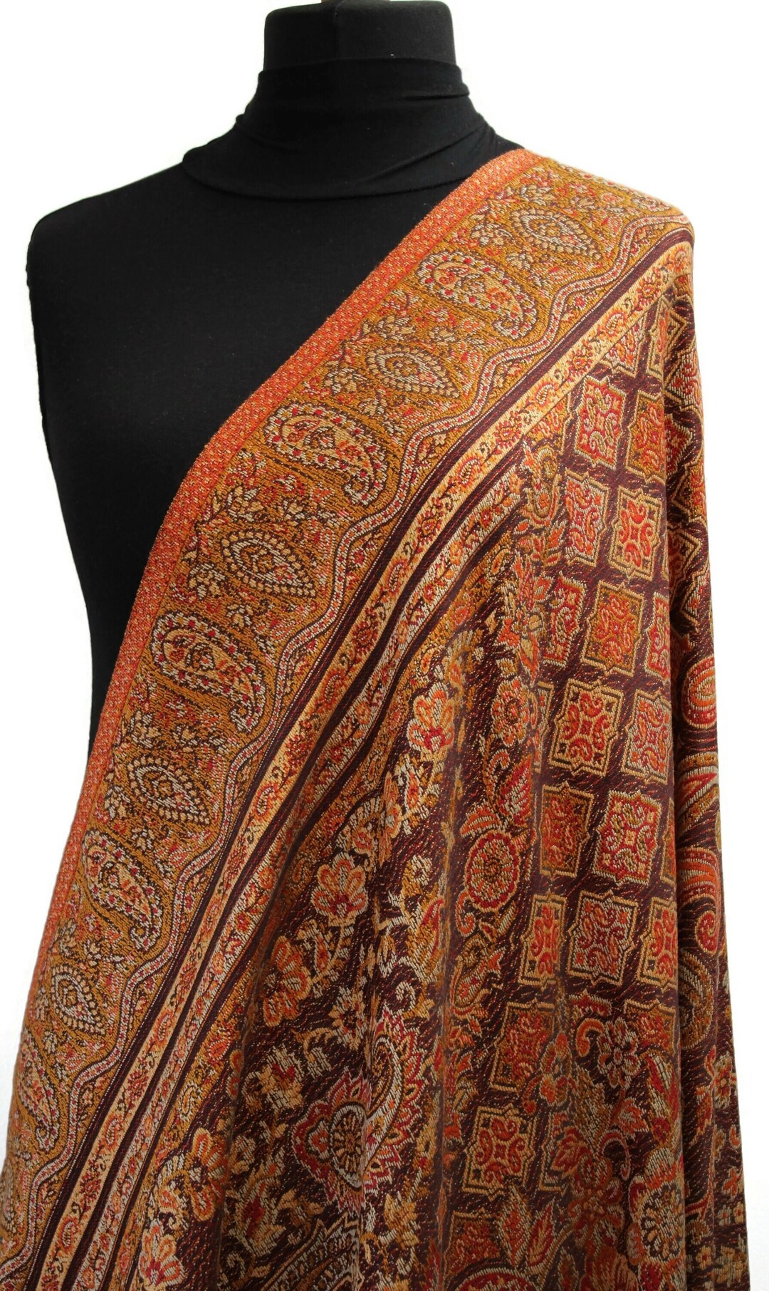 Large Black and Golden Kashmiri Jacquard Jamawar Design Pashmina Wool ...
