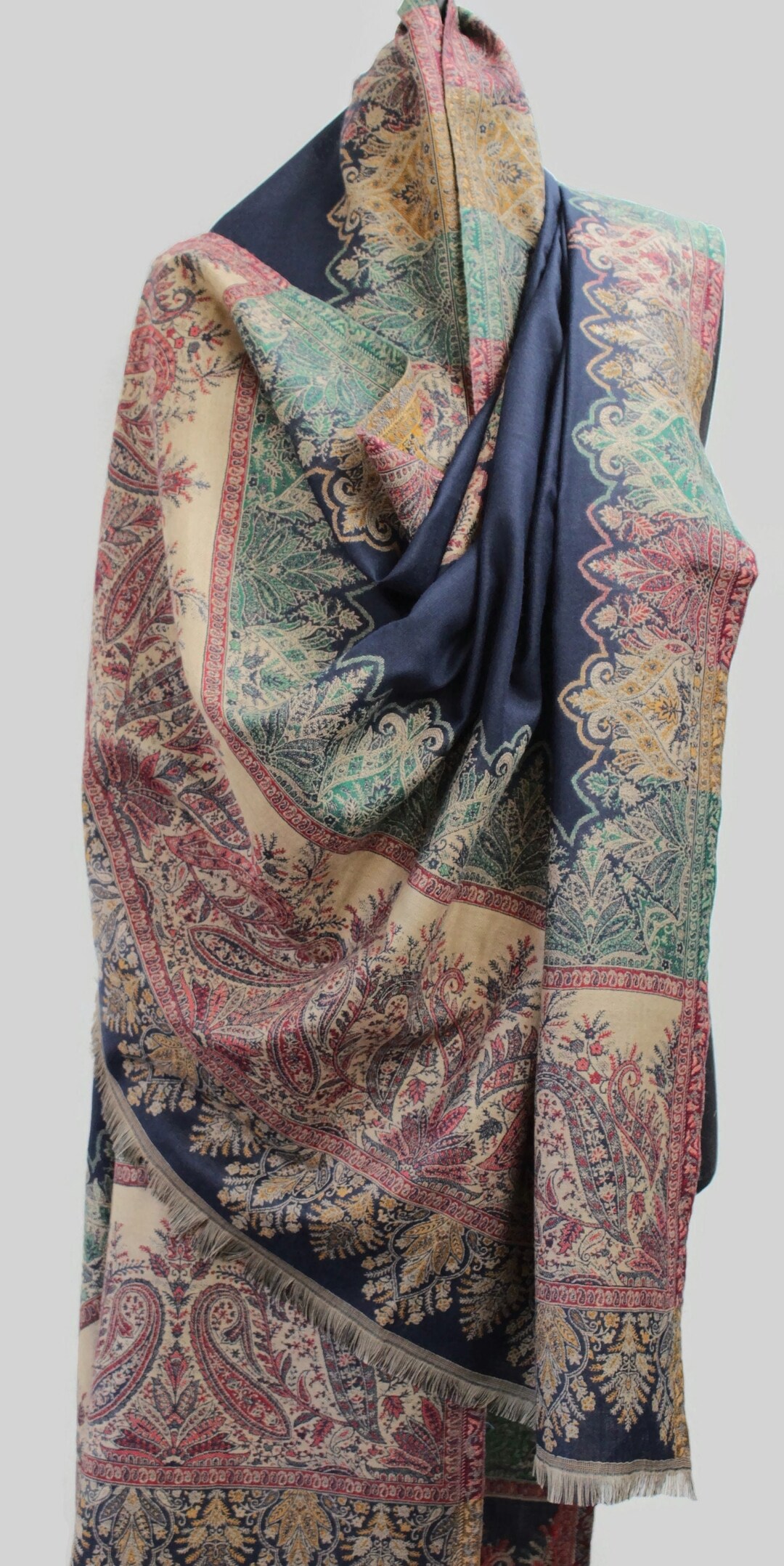 Large Blue Kashmiri Jacquard Jamawar Design Pashmina Wool Shawl ...