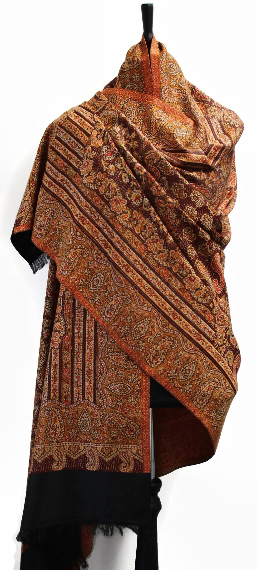 Large Black Kashmiri Jacquard Jamawar Design Pashmina Wool Shawl, All ...