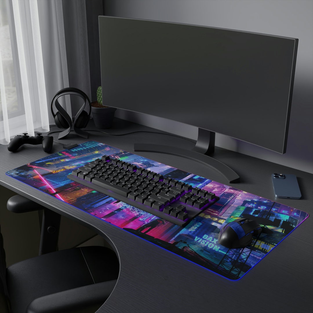 RGB Desk Mat Gaming Mousepad LED, Retro Neon Tokyo Vaporwave Synthwave ...