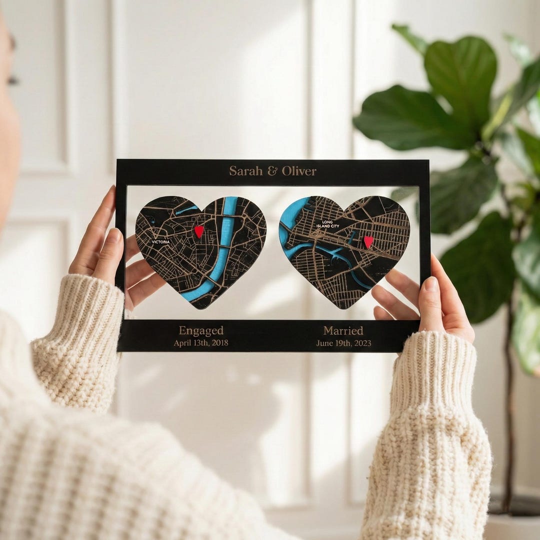 Custom Wood Heart Map Sign, 3 Location Keepsake, Personalized ...