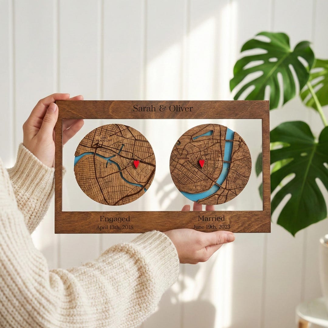 Custom Wood Heart Map Sign, 3 Location Keepsake, Personalized ...