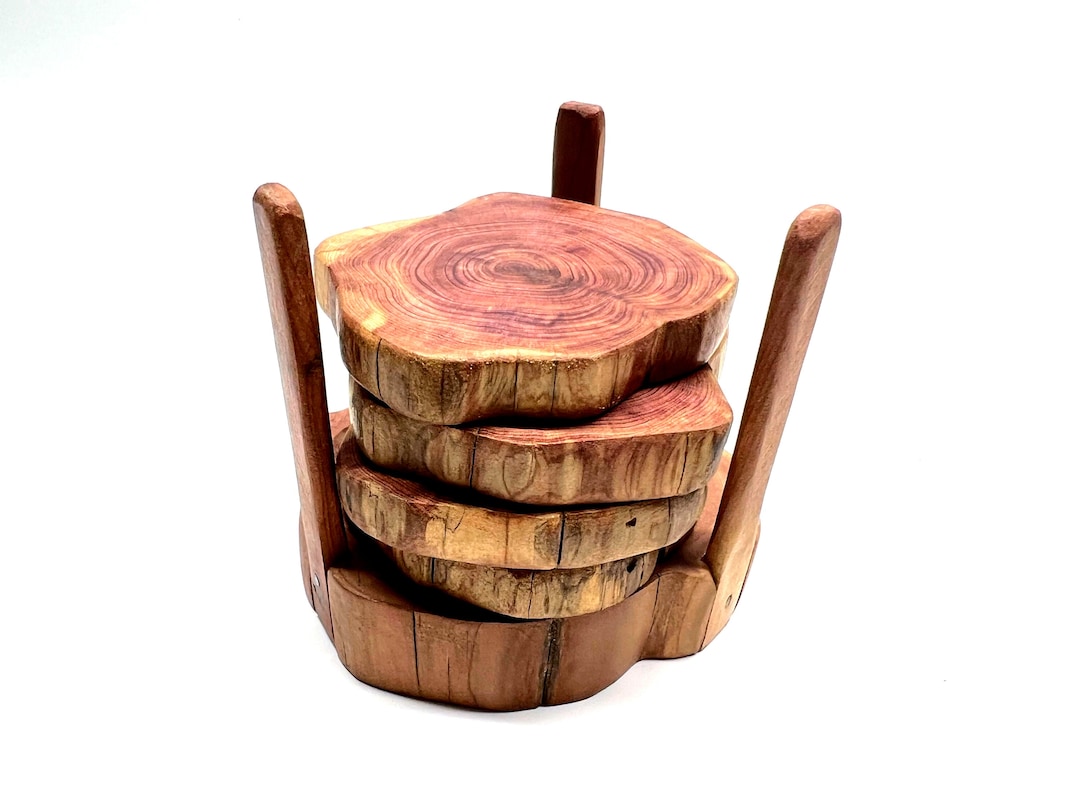 Coasters - Rustic Wood Live Edge Cedar Coaster Set 4pc W/holder ...