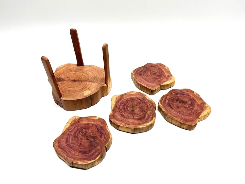 Coasters - Rustic Wood Live Edge Cedar Coaster Set 4pc W/holder ...