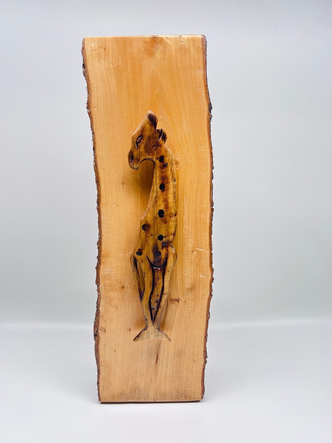 Safari Wall Art - Handcarved Giraffe on Live Edge Wood Slab - 3D Carved ...