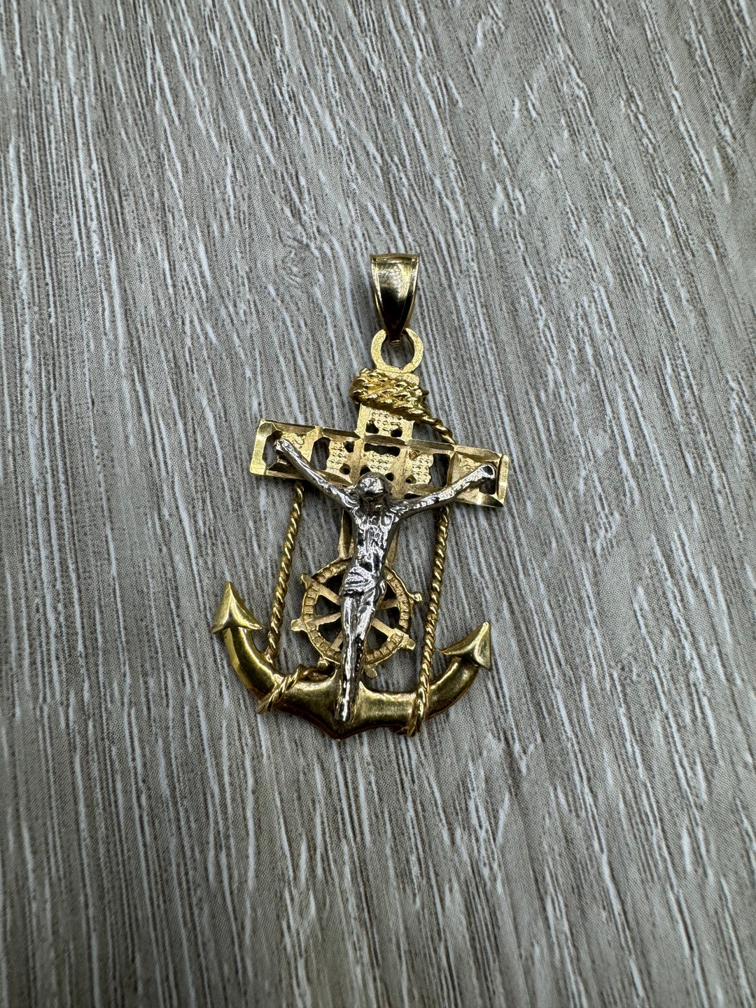 14k Yellow & White Gold Religious Anchor Jesus Crucifix Pendant Charm 5 ...