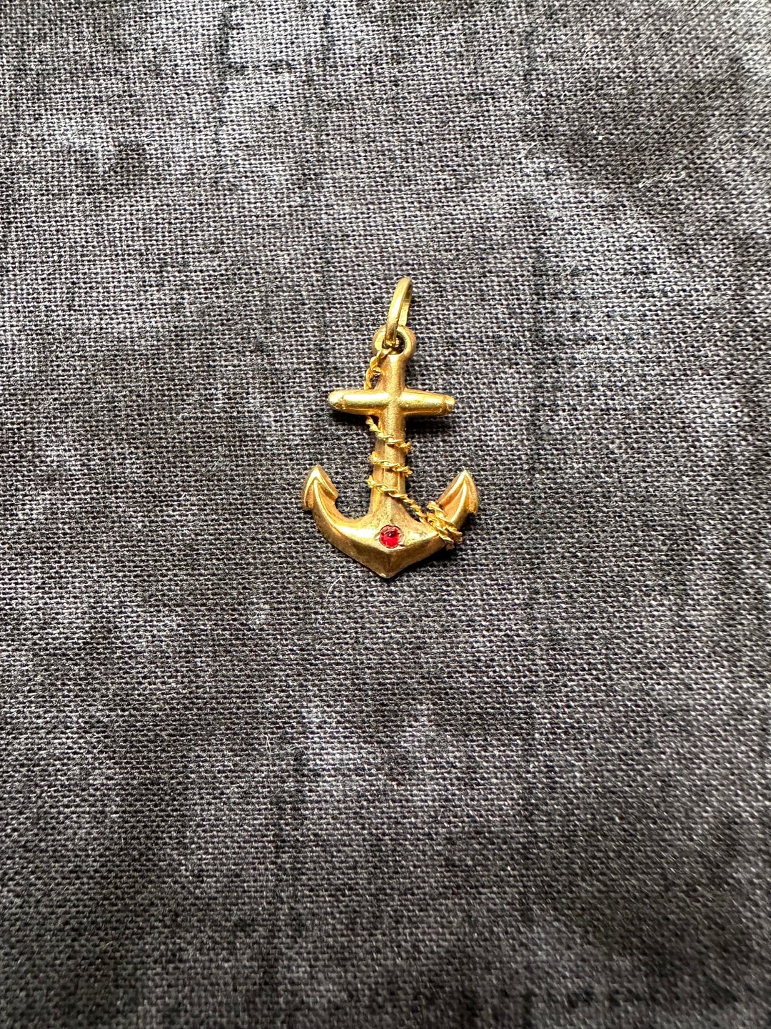 14k Small Yellow Gold Anchor Bound With Rope and Featuring a Red CZ ...