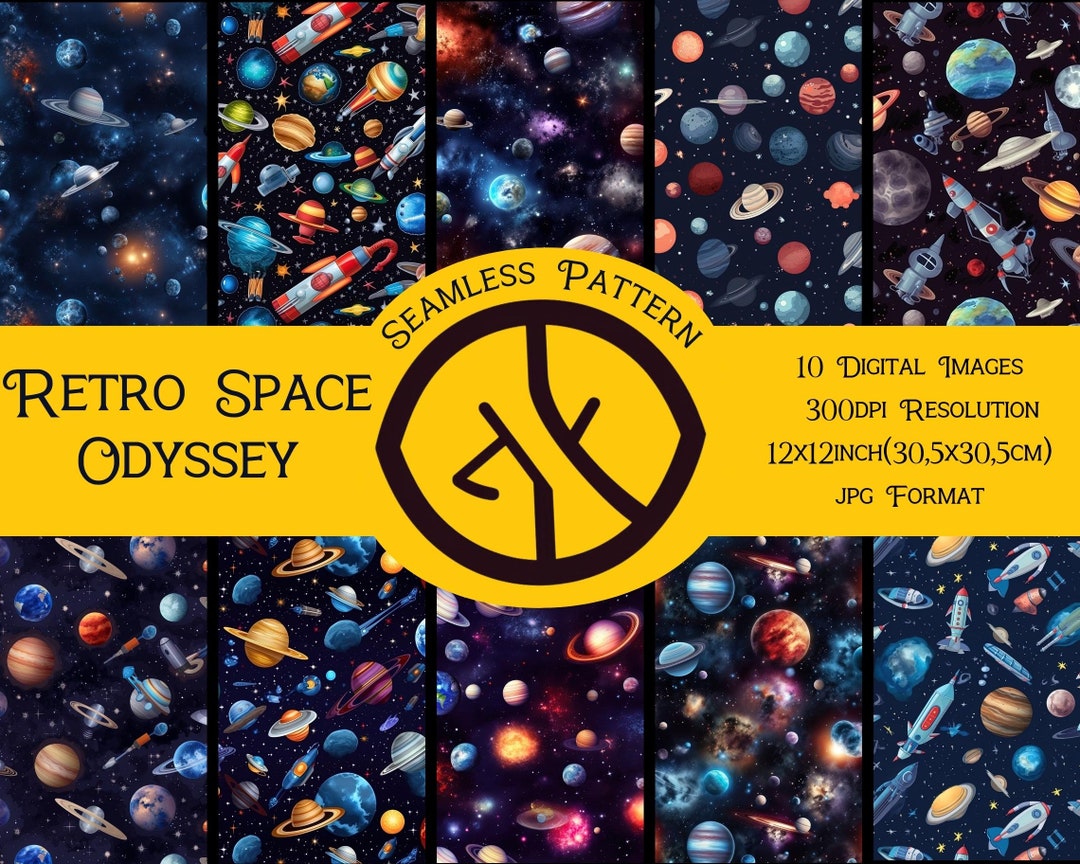 Bundle of 10 Retro Space Odyssey Space Seamless Patterns for Fabric ...