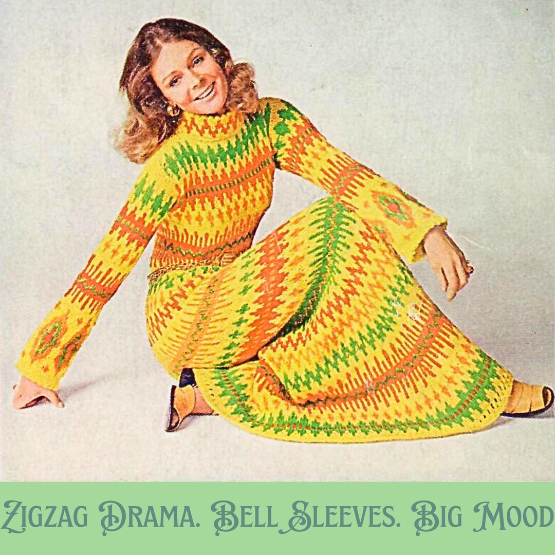 Zigzag Knit Maxi Dress Pattern PDF – Bell Sleeve 70s Glam Dress, Retro ...