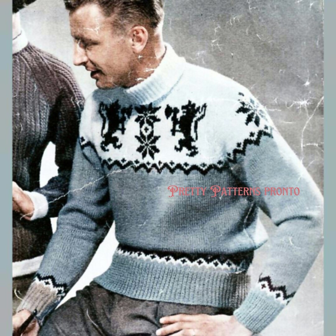 Lion Crest Fantasy Sweater Fair Isle Pullover Vintage Knitting Pattern ...