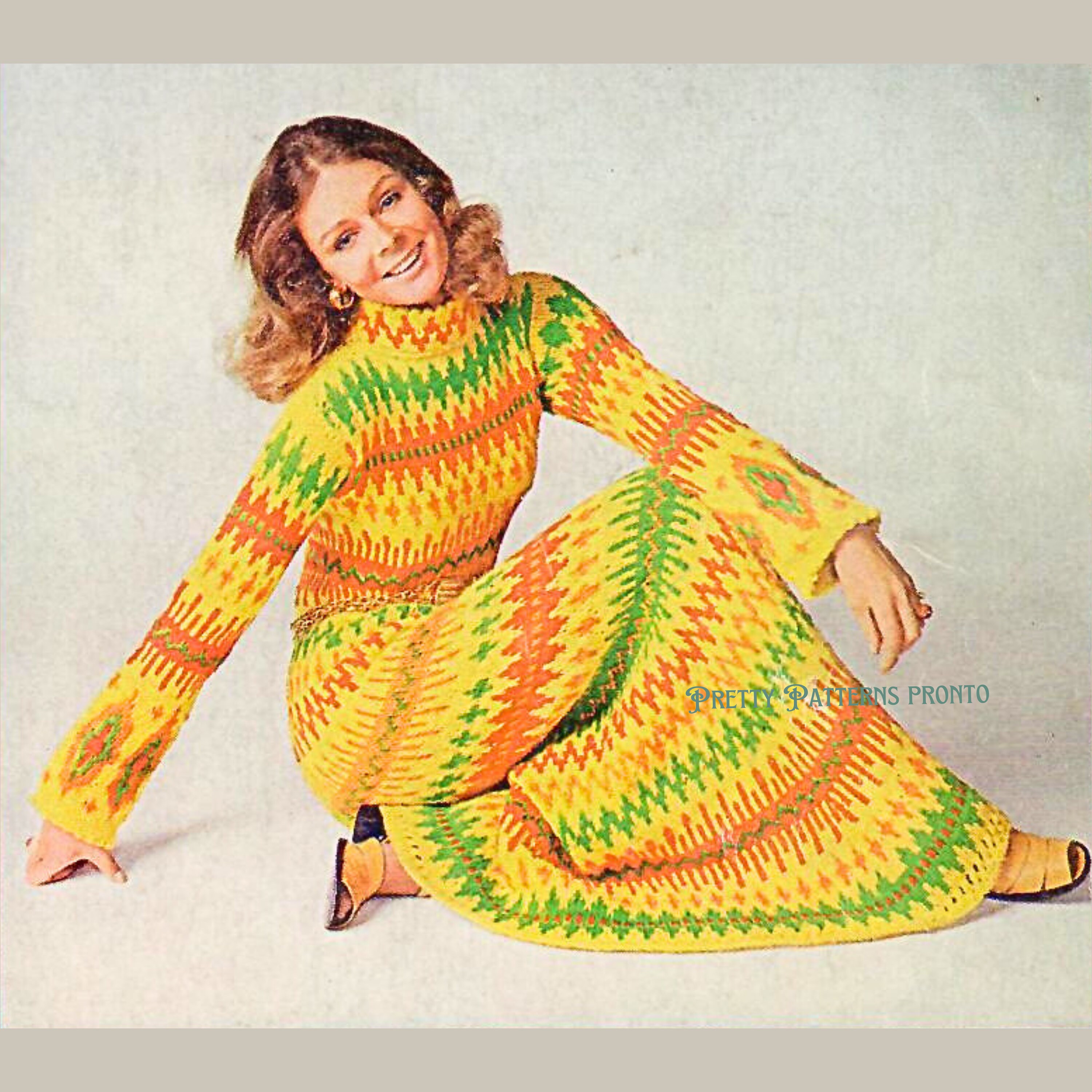 Zigzag Knit Maxi Dress Pattern PDF – Bell Sleeve 70s Glam Dress, Retro ...
