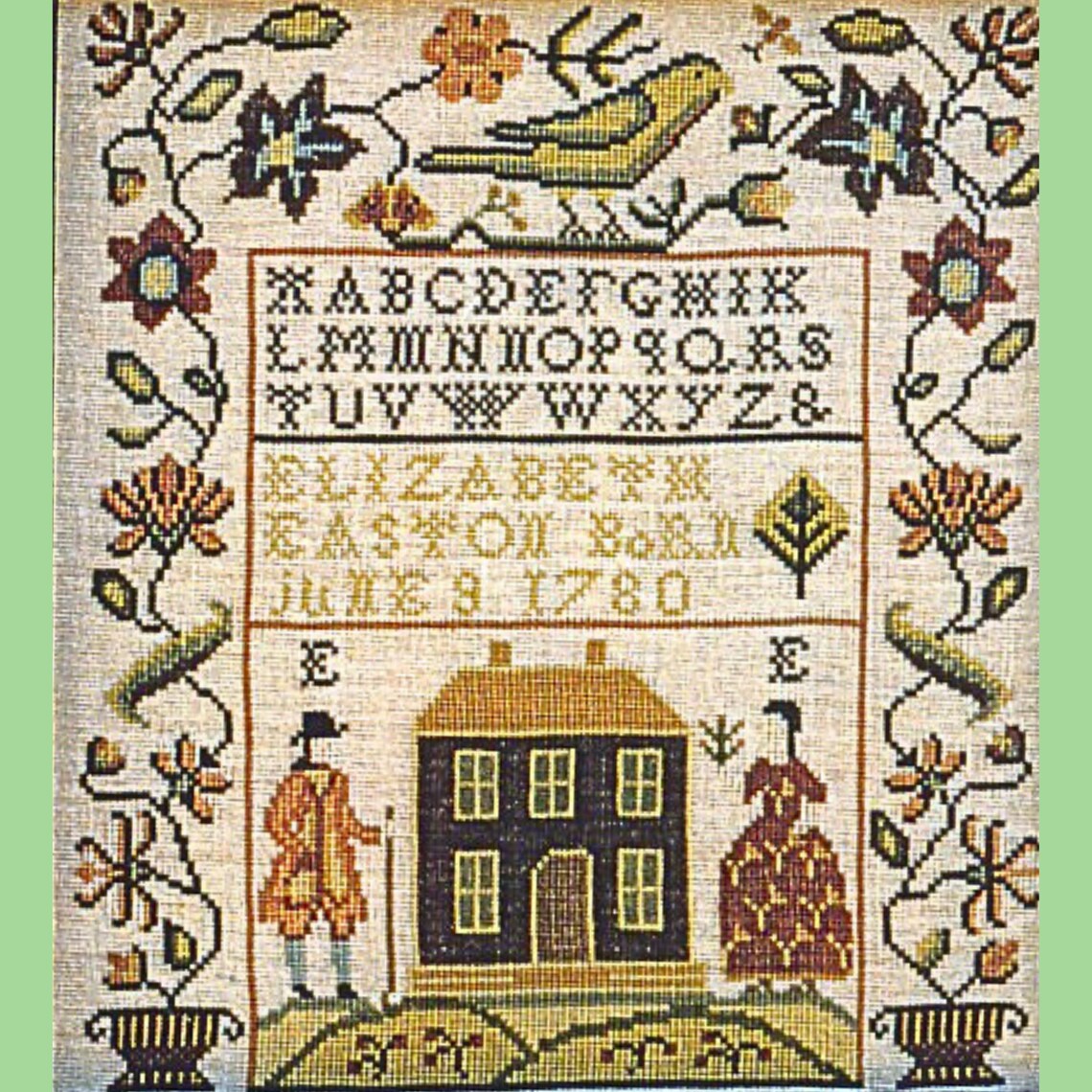 Colonial Cross Stitch Sampler Home Couple Alphabet | Antique Cross ...