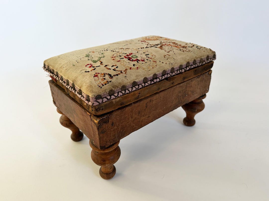 1890s Antique Primitive Needlepoint and Turned Wood Feet Footstool - Etsy