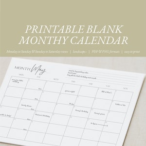 Printable Blank Monthly Calendar Landscape Monthly Calendar PDF & PNG ...
