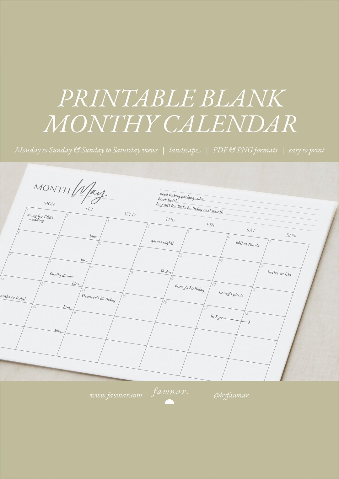 Printable Blank Monthly Calendar Landscape Monthly Calendar PDF & PNG ...
