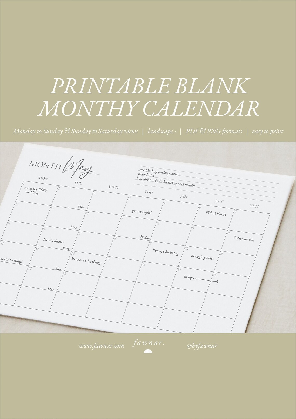Printable Blank Monthly Calendar Landscape Monthly Calendar PDF & PNG ...