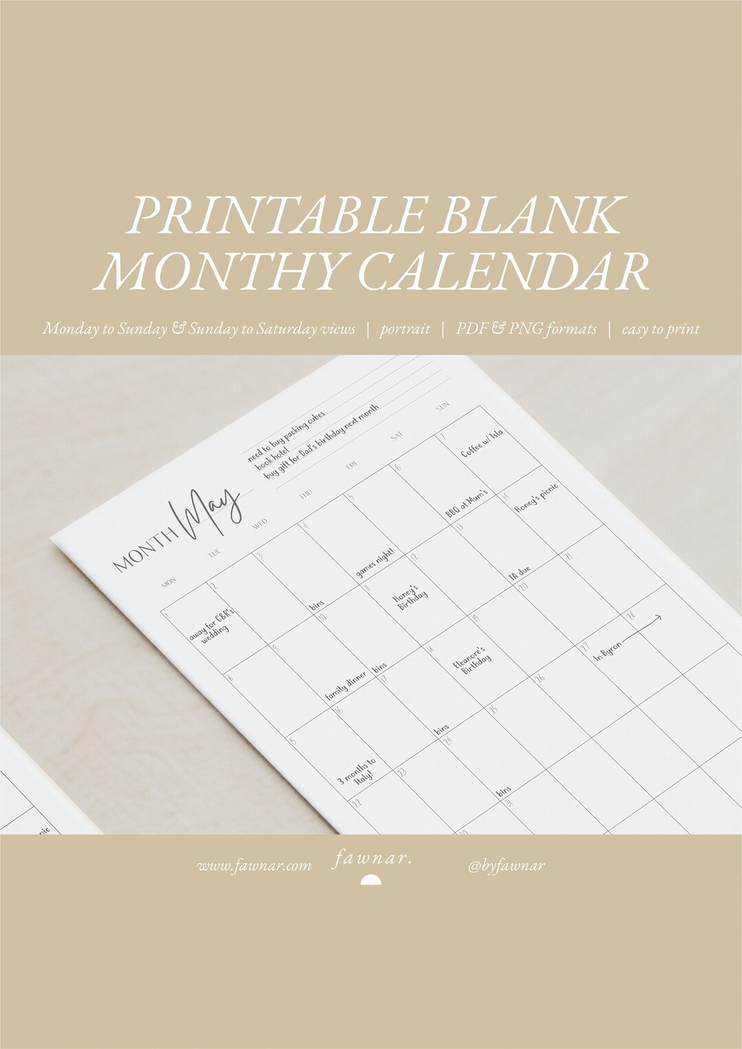 Printable Blank Monthly Calendar Portrait Monthly Calendar PDF & PNG ...