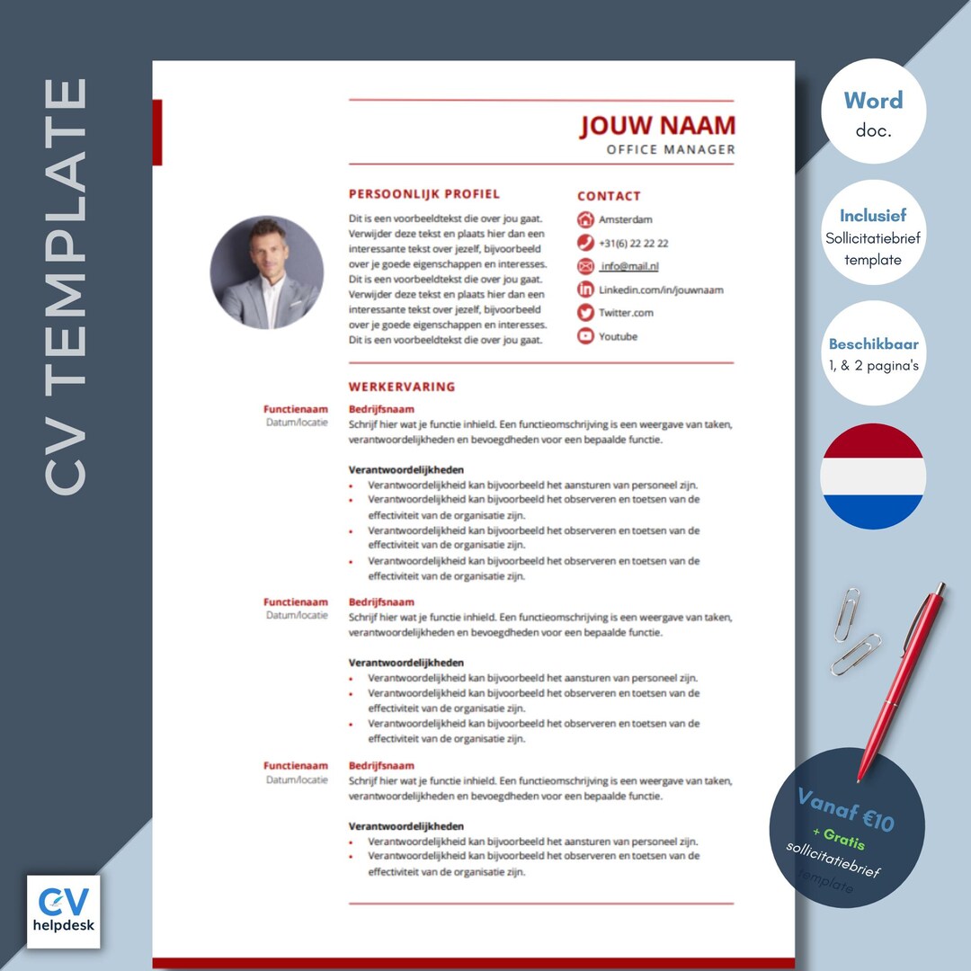 CV Template “career” - Red | CV Template | Motivation Letter | Business ...